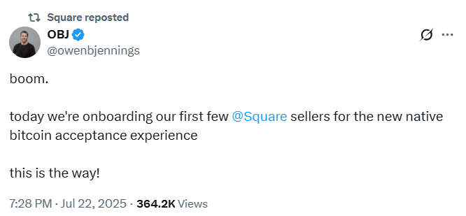 Dorsey's Square to Onboard Merchants for $BTC Payments in Big Move